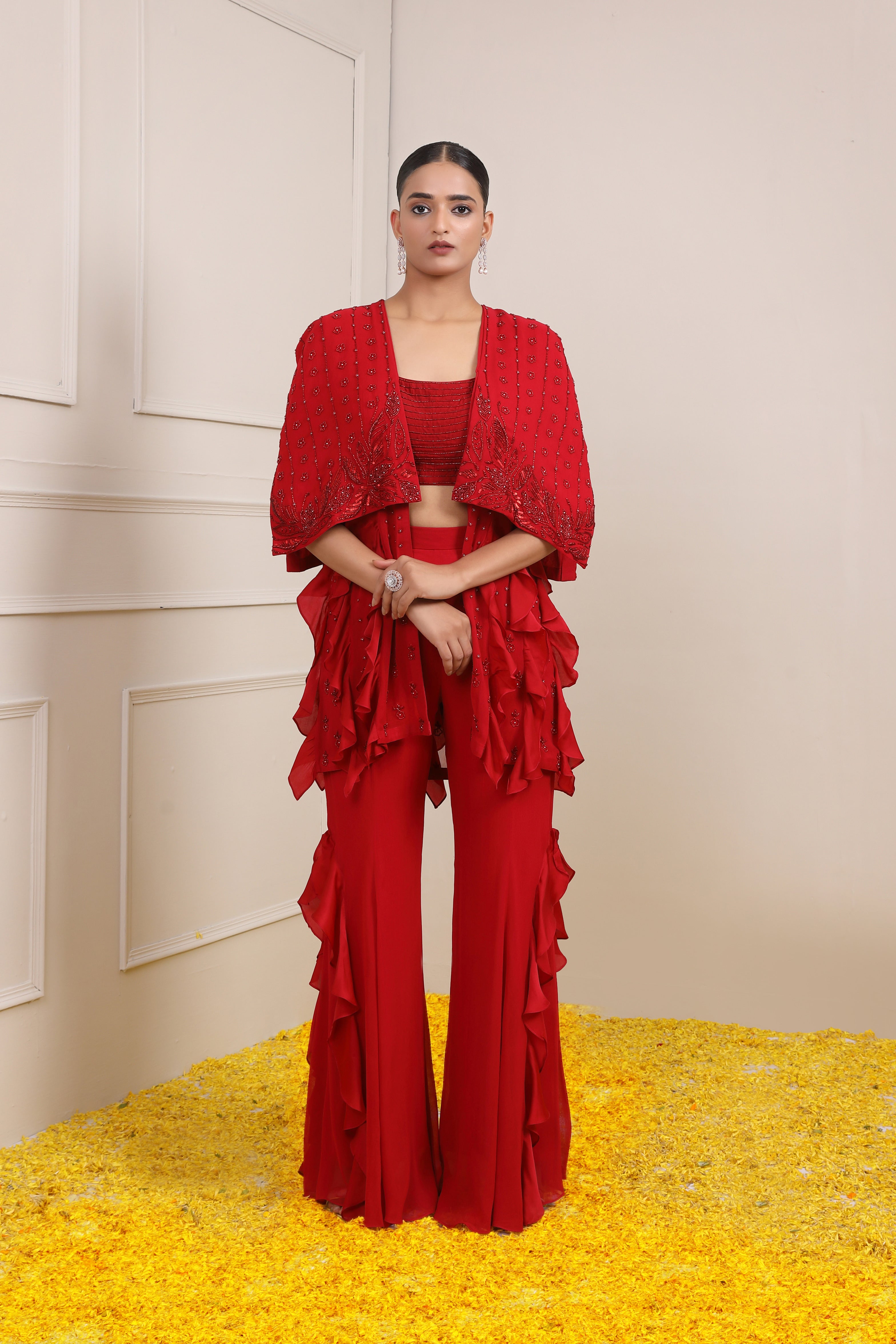 AMINA RUFFLED CAPE SET – Miku Kumar